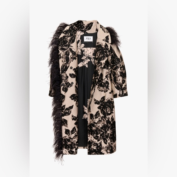Zara | Jackets & Coats | Zara Atelier Black Shadow Coat Ostrich Floral ...